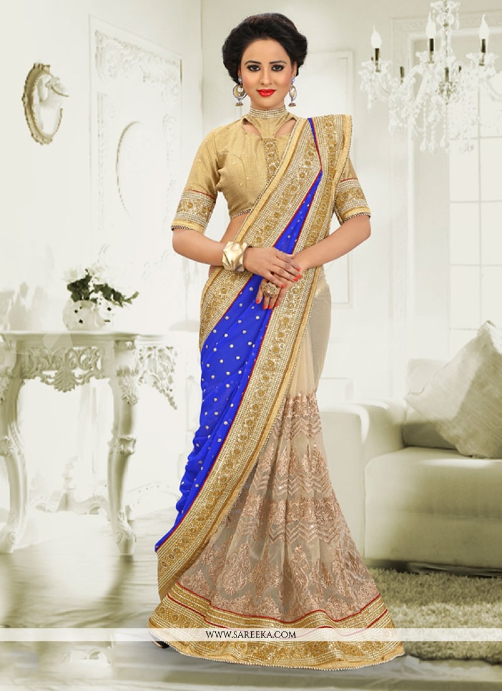 Blue Half N Half Designer Saree