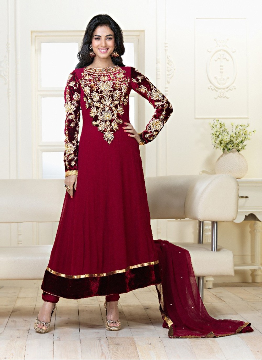 Maroon Embroidered Georgette Salwar Kameez
