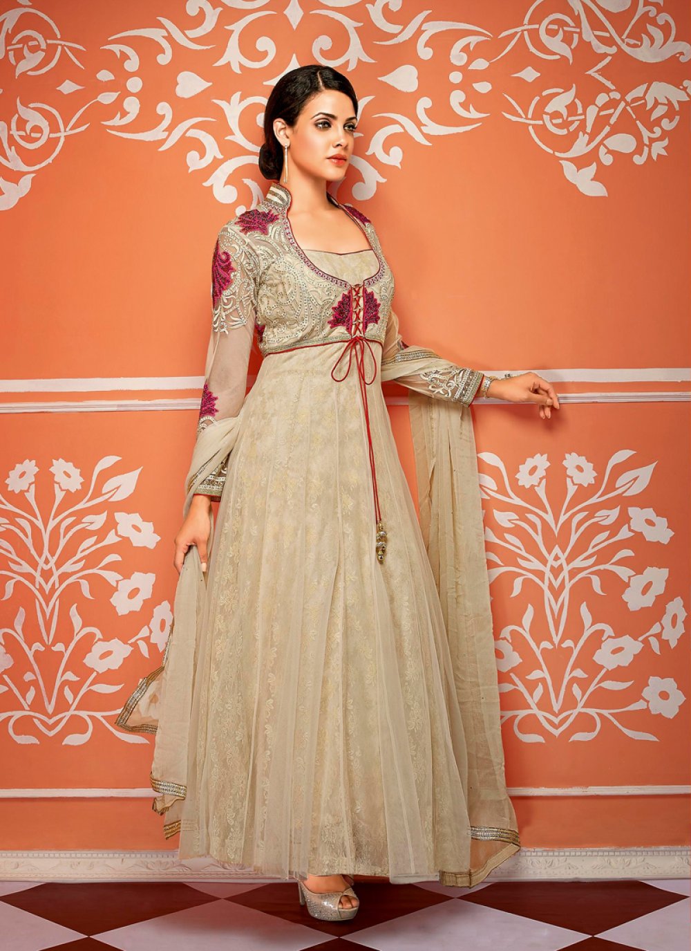 Beige Net And Georgette Anarkali Suit
