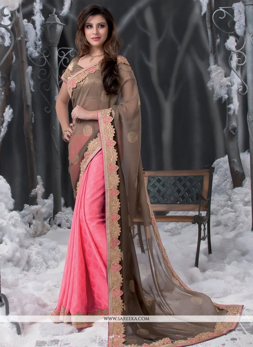 Brown And Pink Georgette Designer Saree