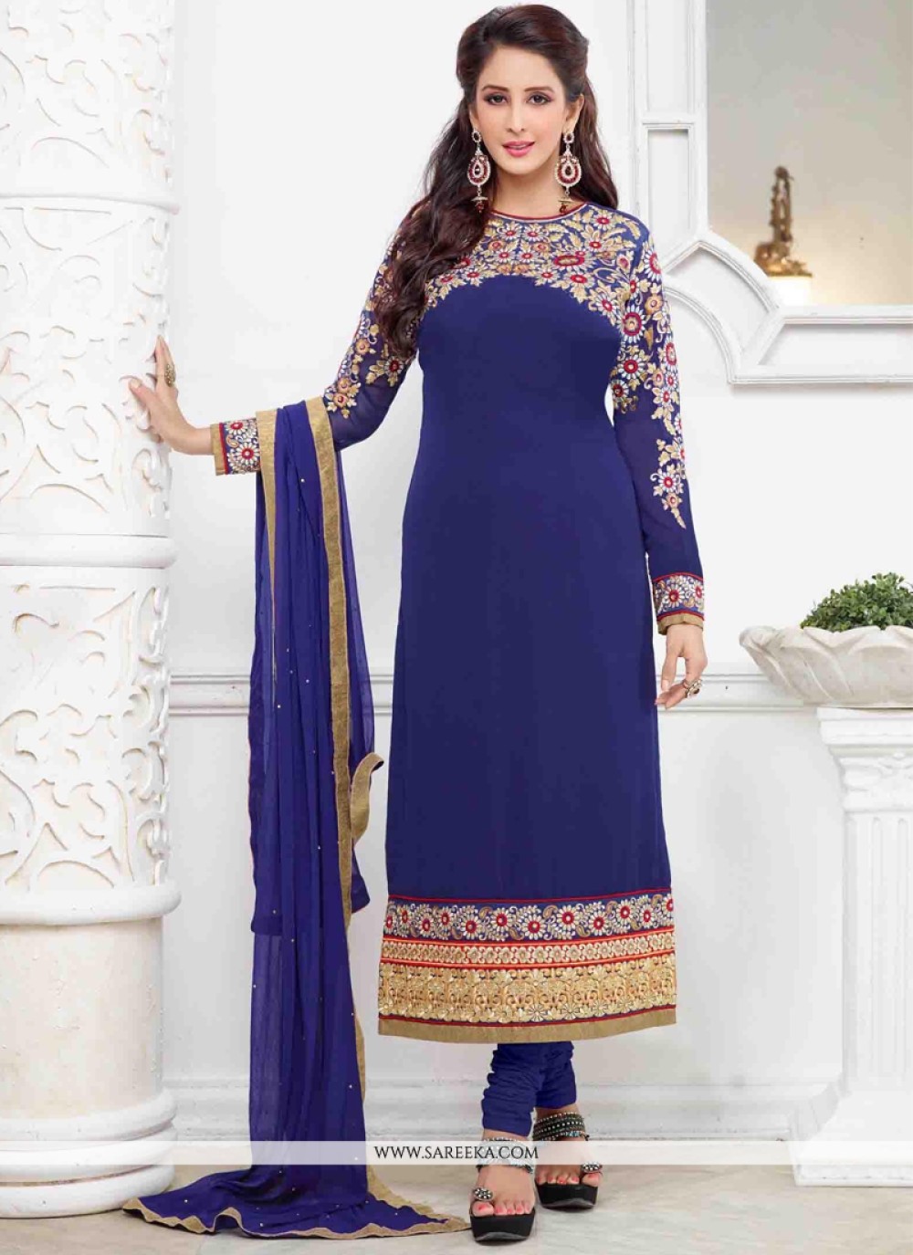 Embroidered Work Blue Churidar Designer Suit