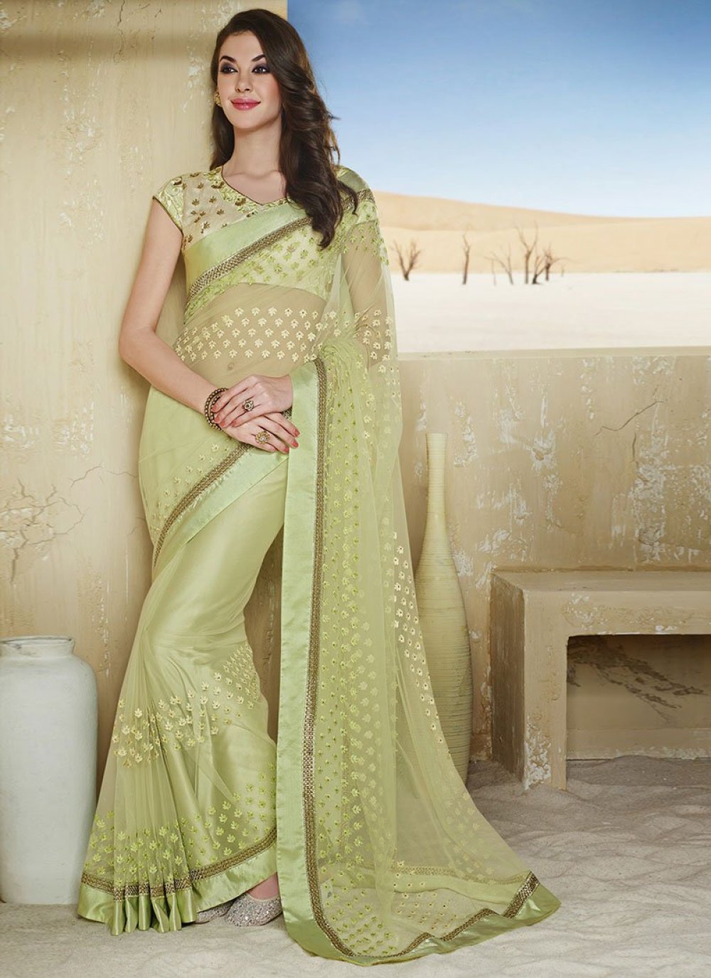 Green Net Designer Saree