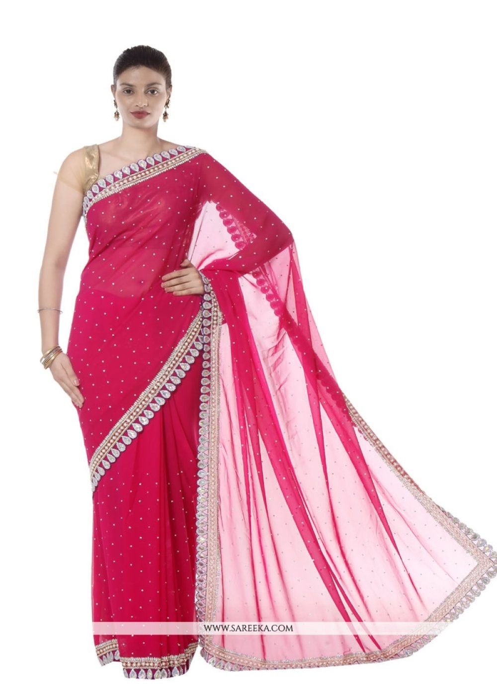 Hot Pink Lace Work Georgette Designer Saree