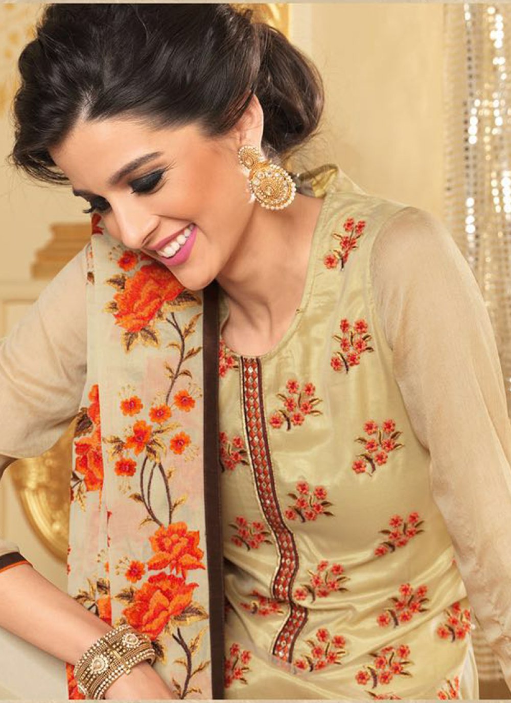 Georgette Beige Embroidered Work Designer Suit