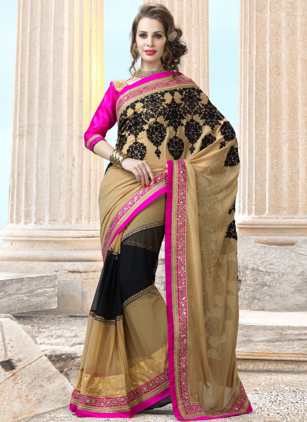 Brown And Black Silk Georgette Saree