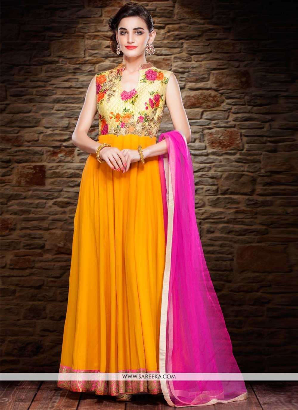 Net Yellow Resham Work Anarkali Salwar Suit