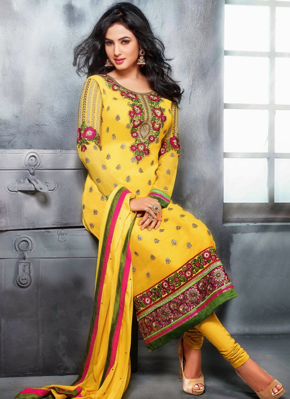 Yellow Resham Work Faux Georgette Churidar Suit