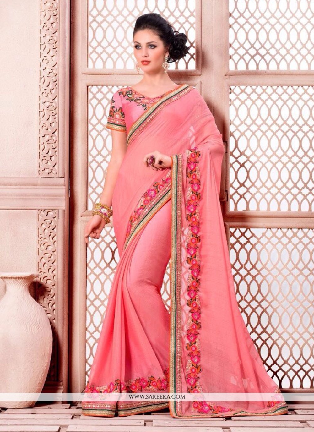 Pink Lace Work Designer Saree