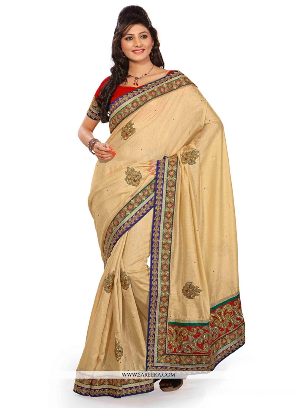Embroidered Work Beige Chanderi Designer Saree