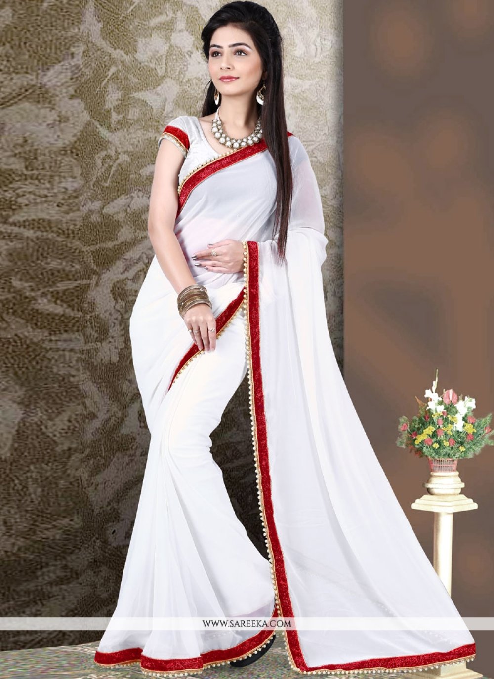White Lace Work Georgette Designer Saree
