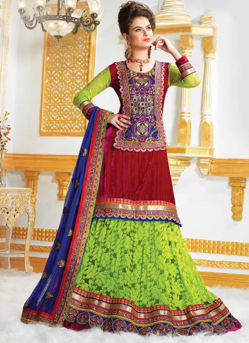 Green Net Jacquard Long Lehenga Choli