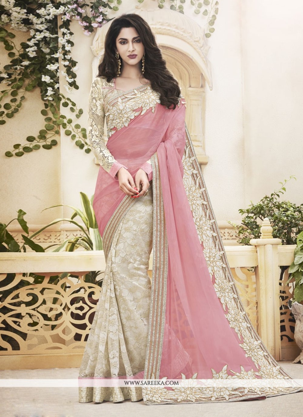 Pink Lace Work Net Designer Saree