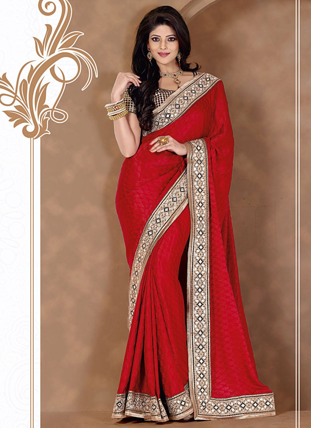 Jeezy Red Crepe And Jacquard Half And Half Saree