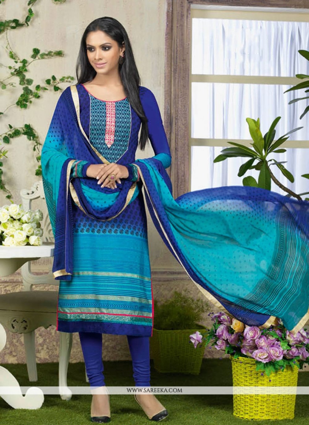 Blue Crepe Churidar Salwar Kameez