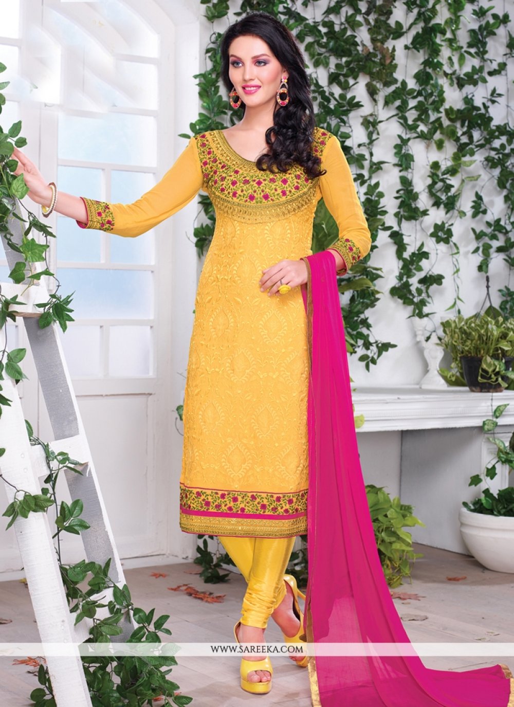 Yellow Faux Georgette Churidar Designer Suit