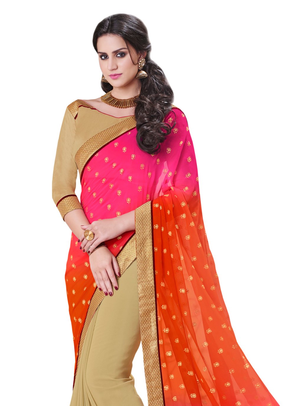 Chiffon Satin Patch Border Work Designer Saree