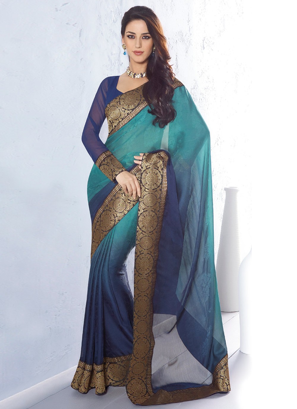 Blue Jacquard Chiffon Saree