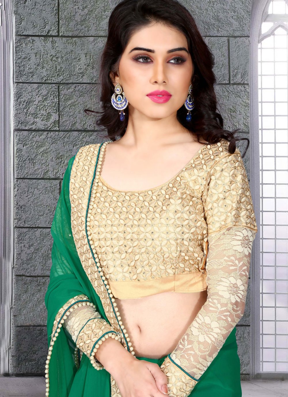 Georgette Green Patch Border Work Designer Saree