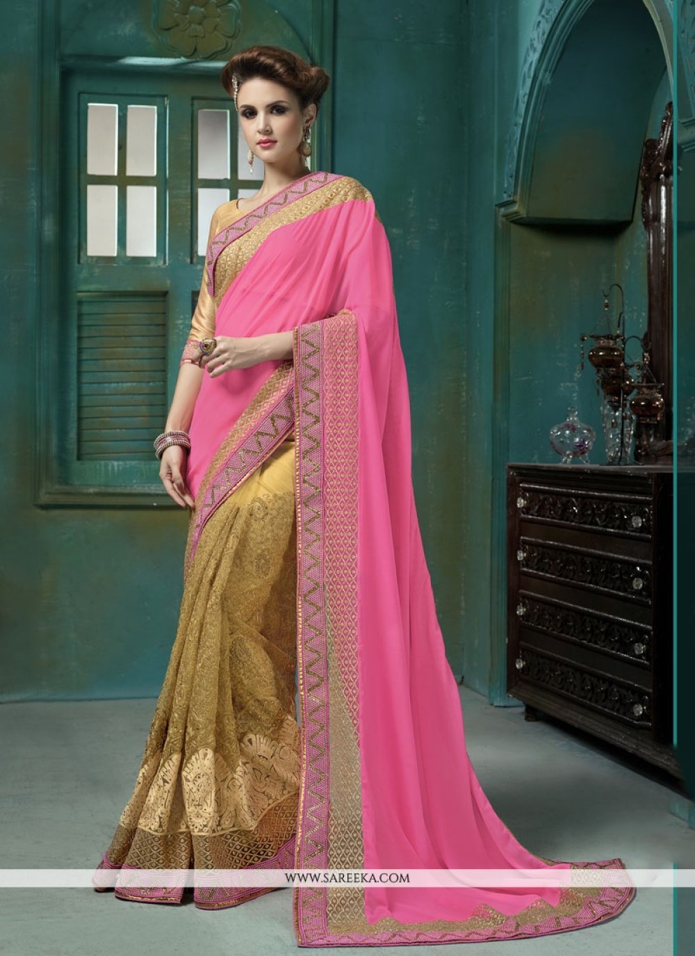 Georgette Pink Embroidered Work Designer Saree