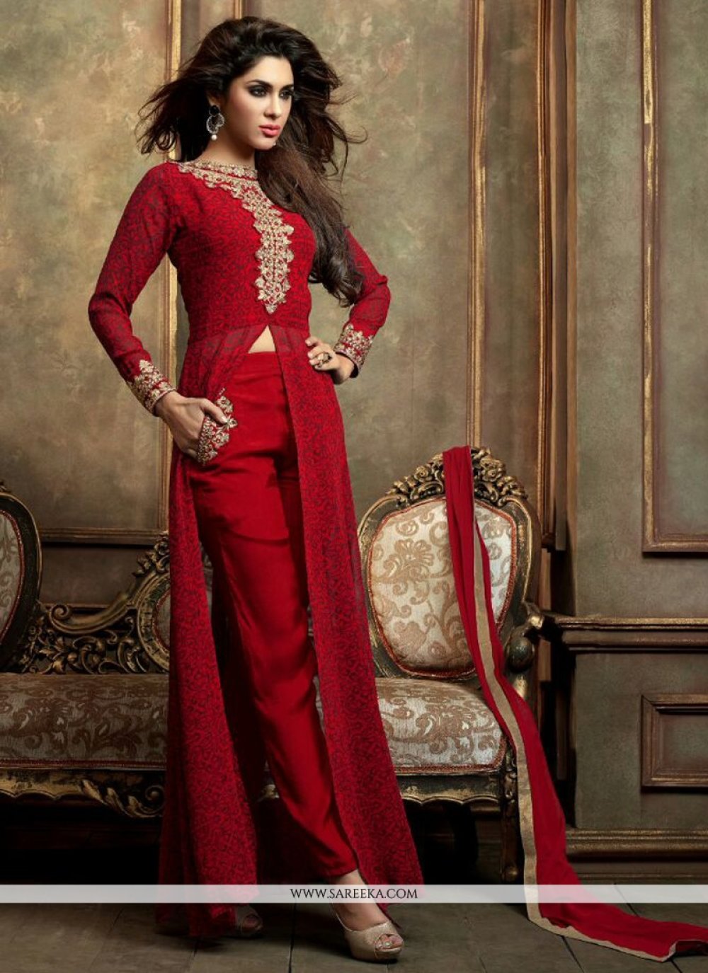 Lace Work Net Red Designer Suit