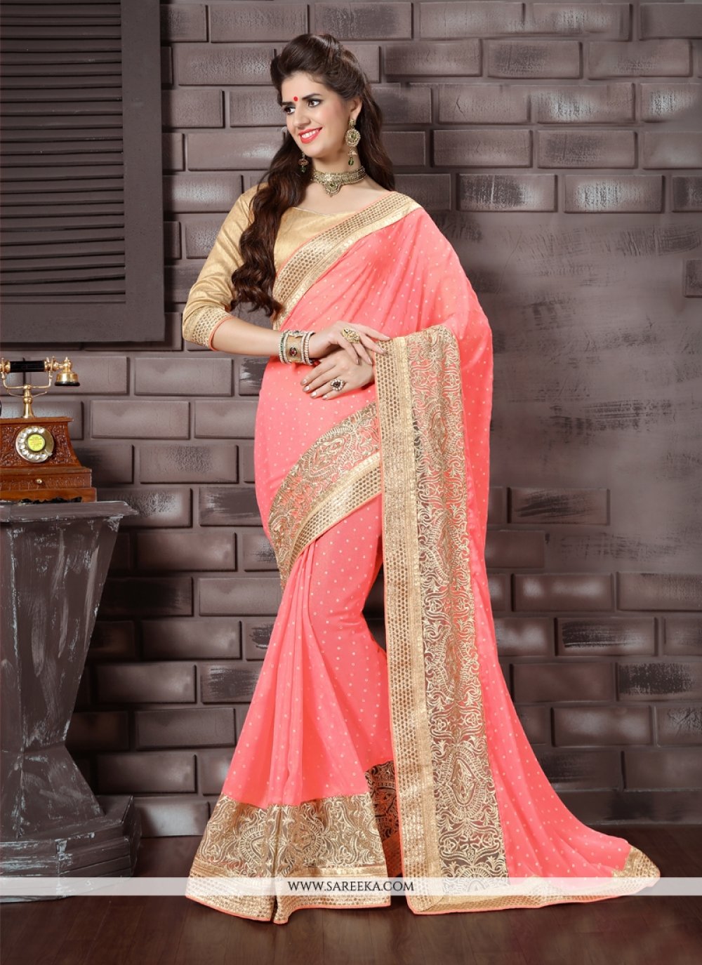 Embroidered Work Pink Designer Saree