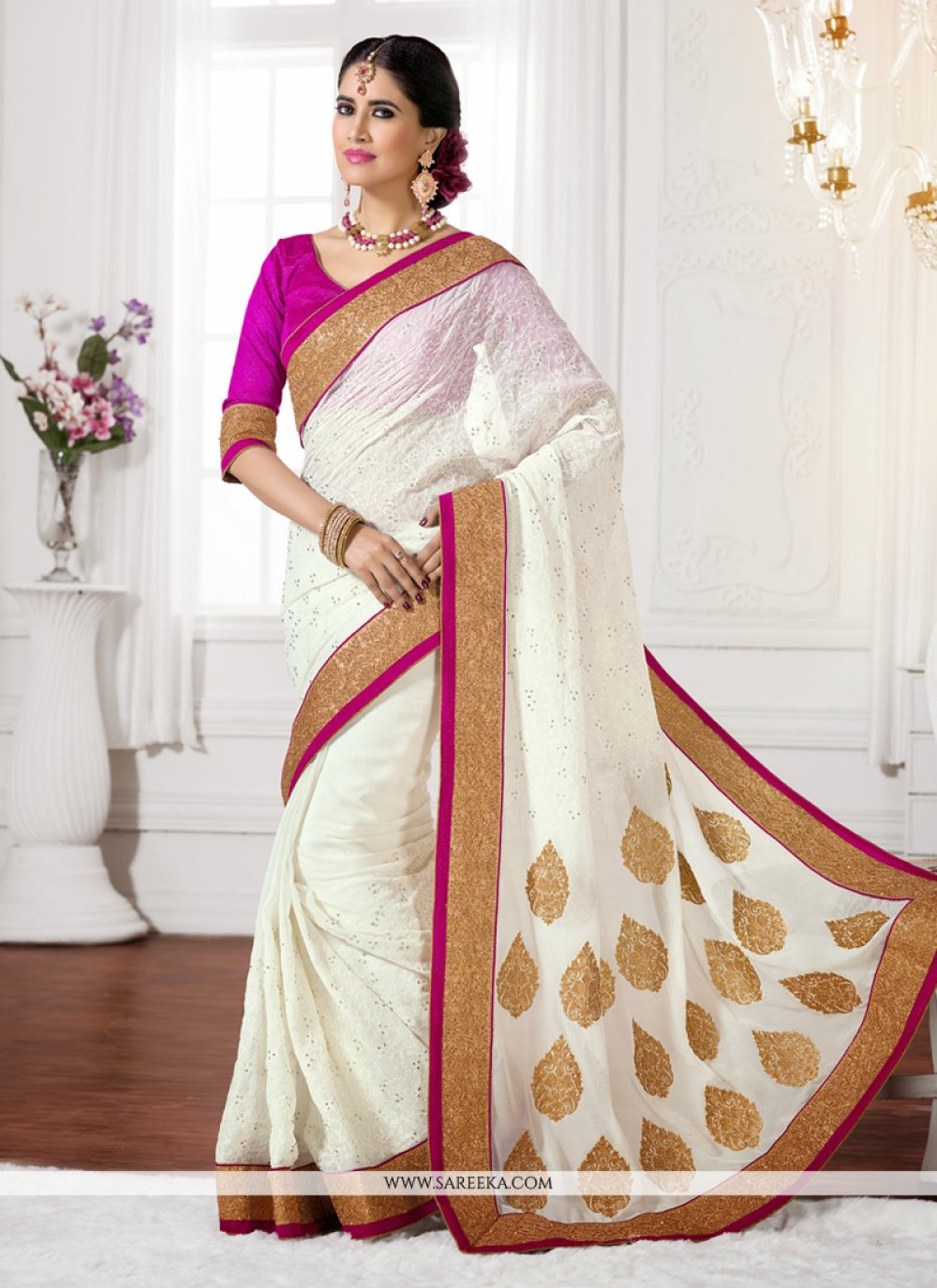 White Georgette Designer Saree
