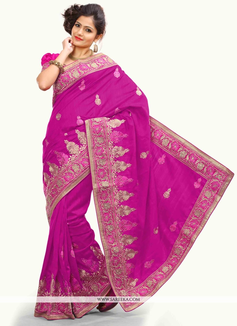 Hot Pink Embroidered Work Bhagalpuri Silk Designer Saree