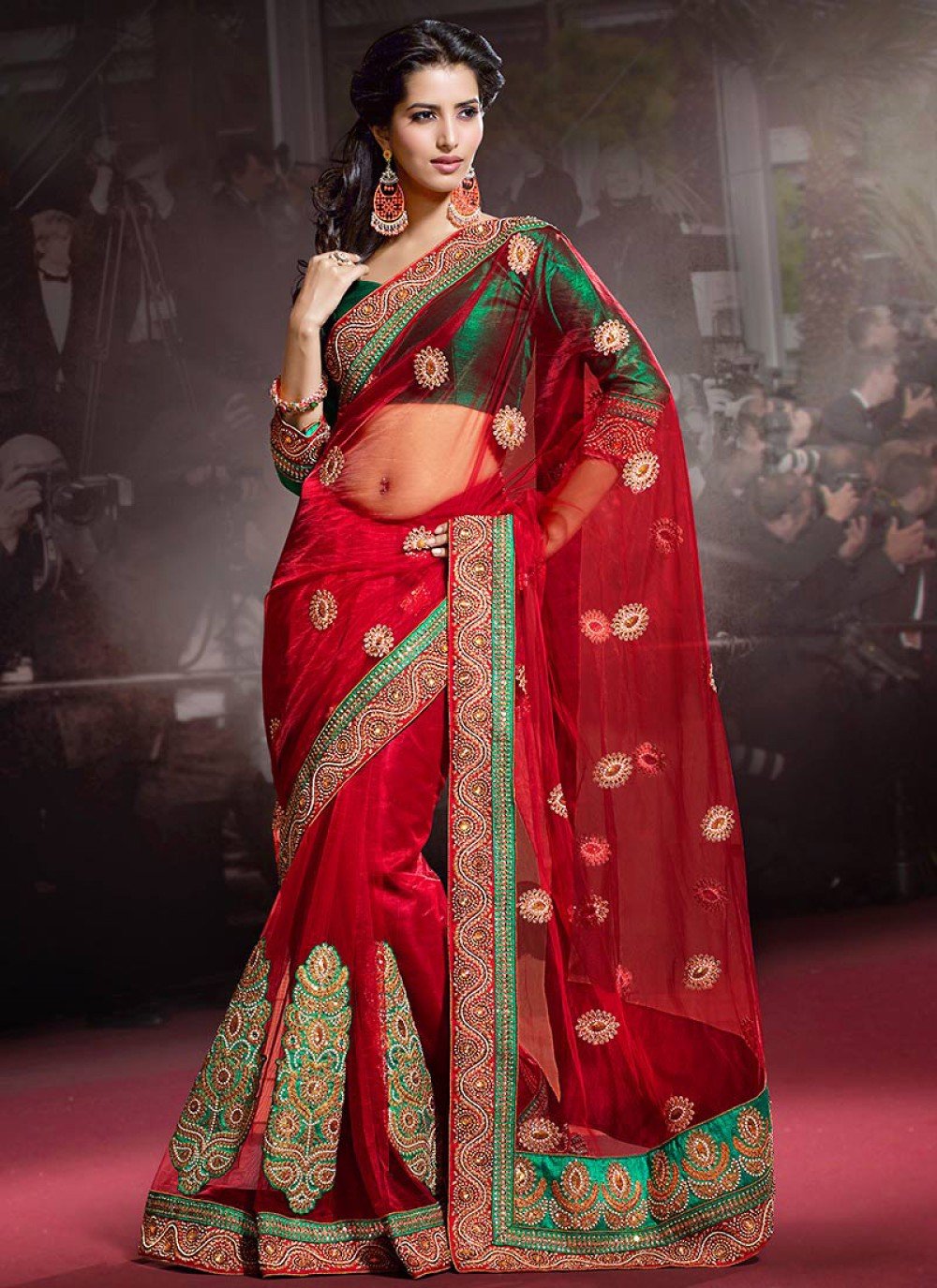 Red Net Saree