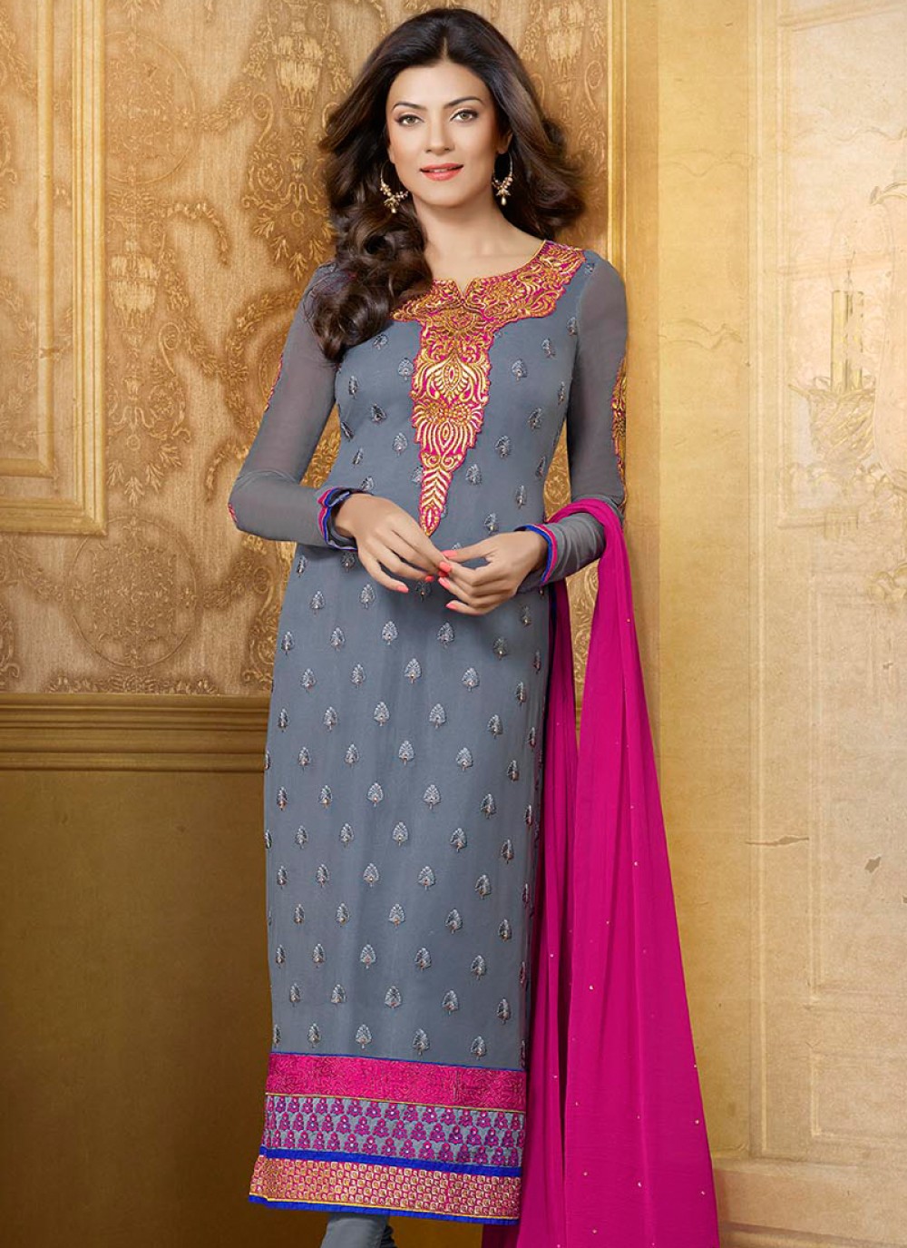Susmitha Sen Grey Resham Work Georgette Churidar Suit