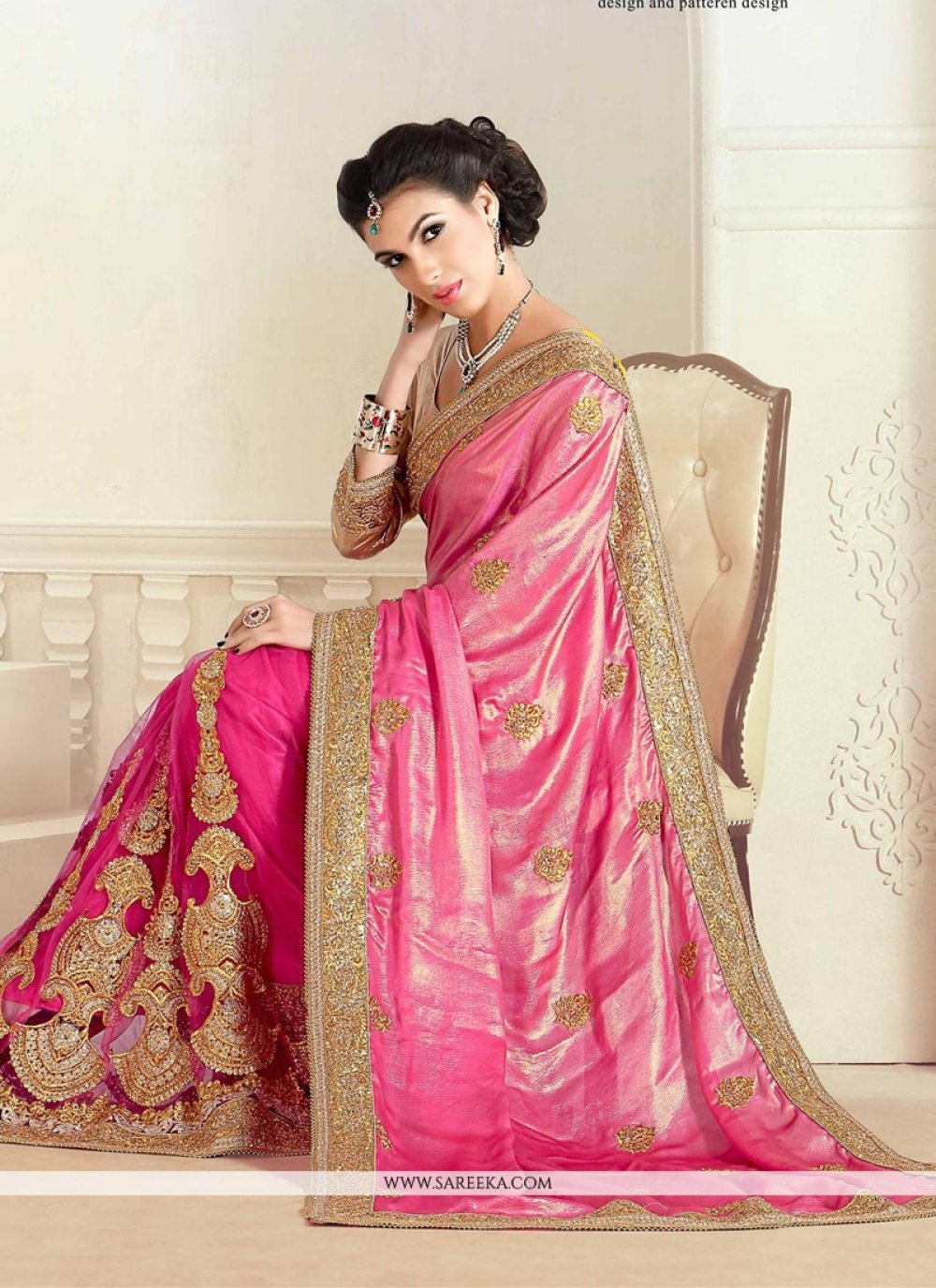 Pink Embroidered Work Satin Designer Saree