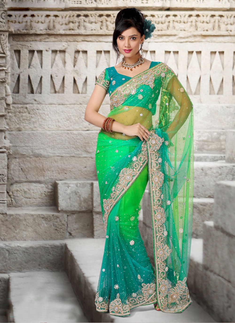 Turquoise Blue Net Diamond Work Designer Saree