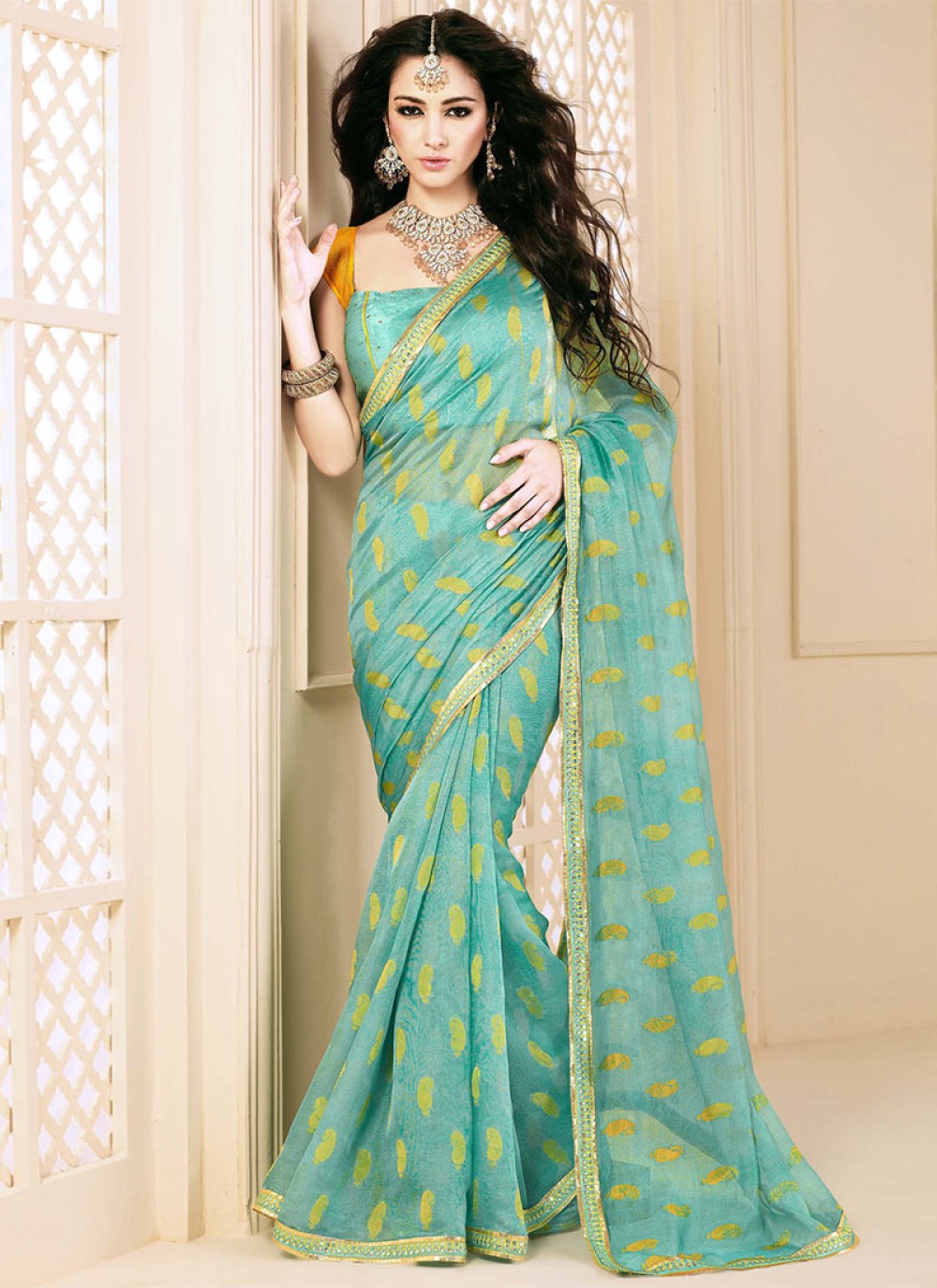 Turquoise Blue Organza Jacquard Saree