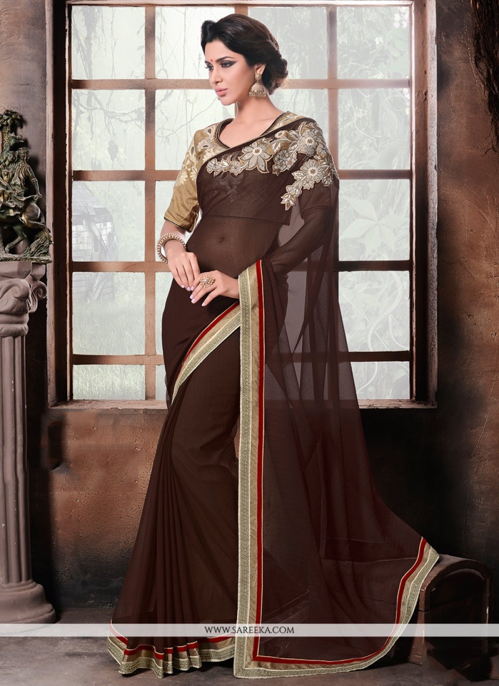 Vehemently Faux Chiffon Brown Designer Saree