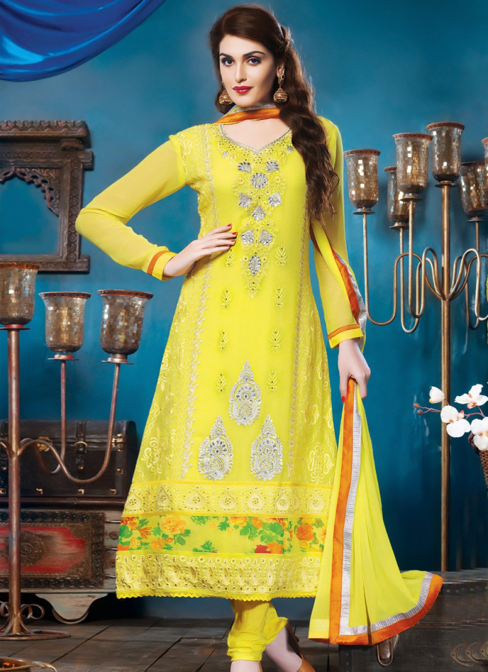 Yellow Resham Work Churidar Suit