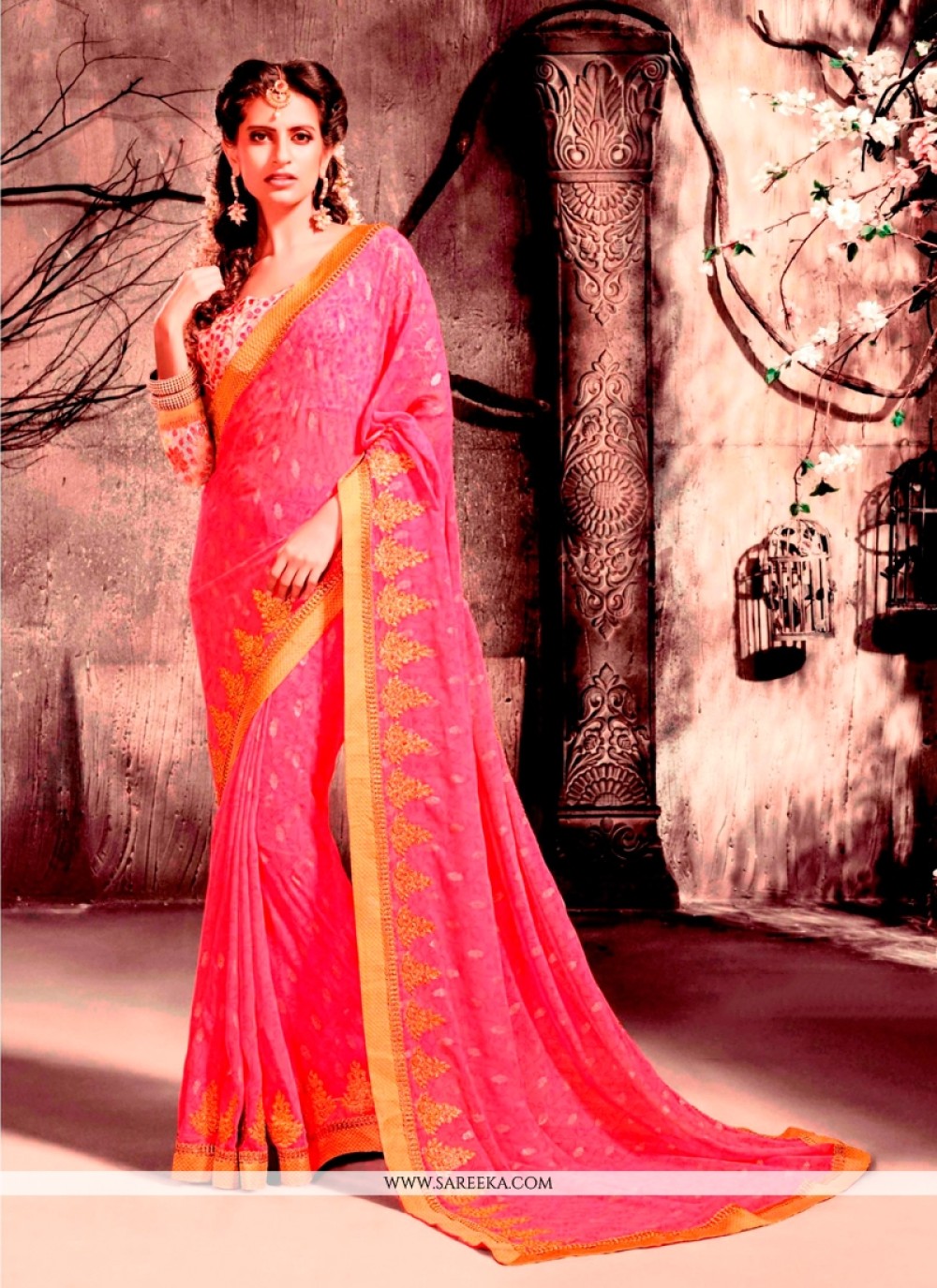 Georgette Hot Pink Designer Saree