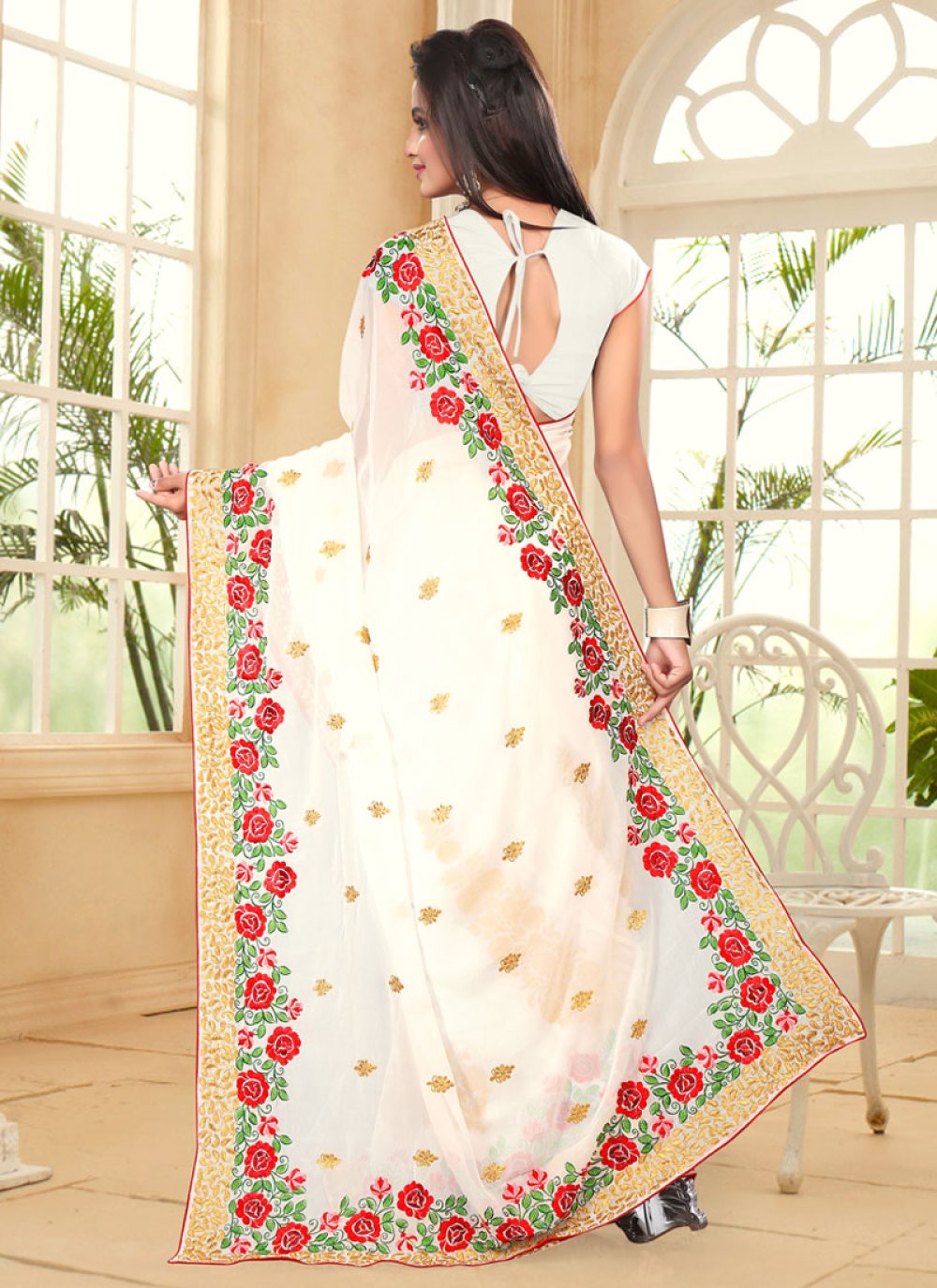 Buy Georgette White Designer Saree Online : Canada