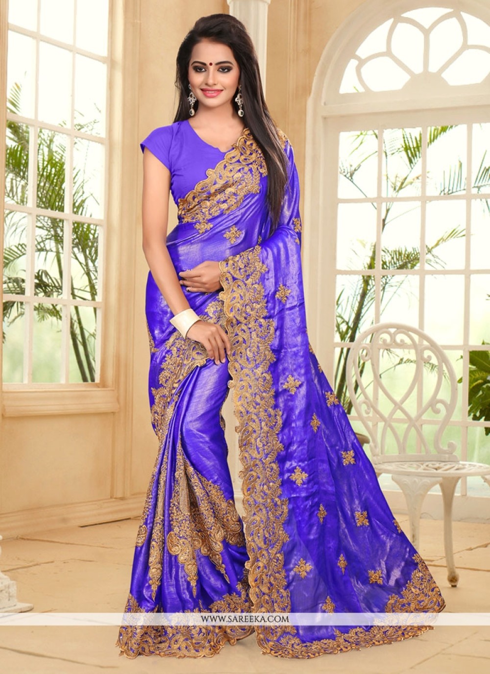 Buy Chiffon Satin Embroidered Work Designer Saree Online : Indian ...