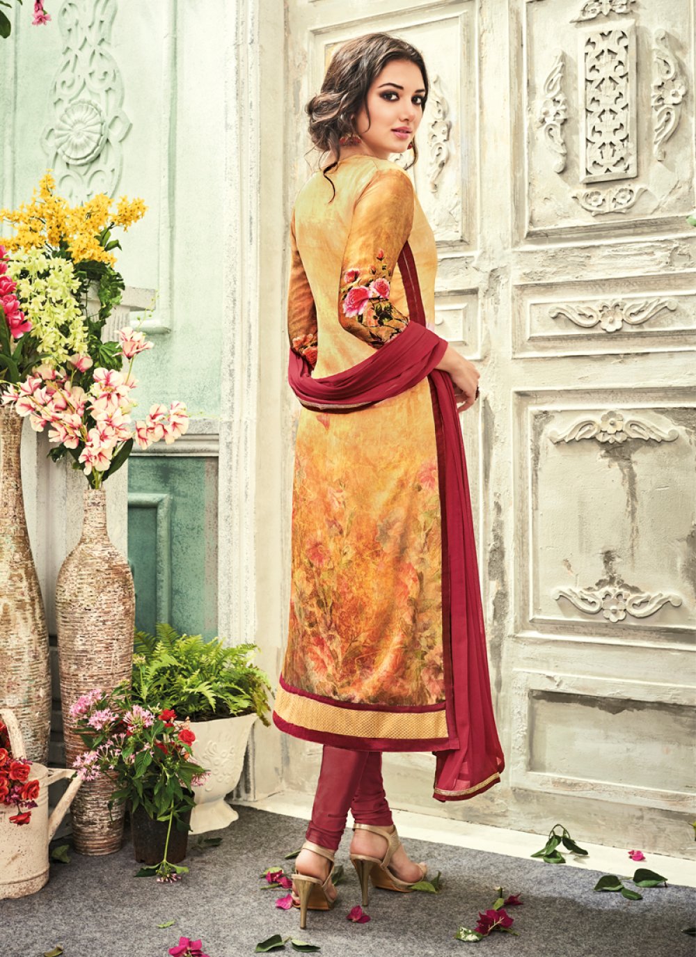 Buy Print Work Crepe Silk Churidar Designer Suit Online : Mauritius