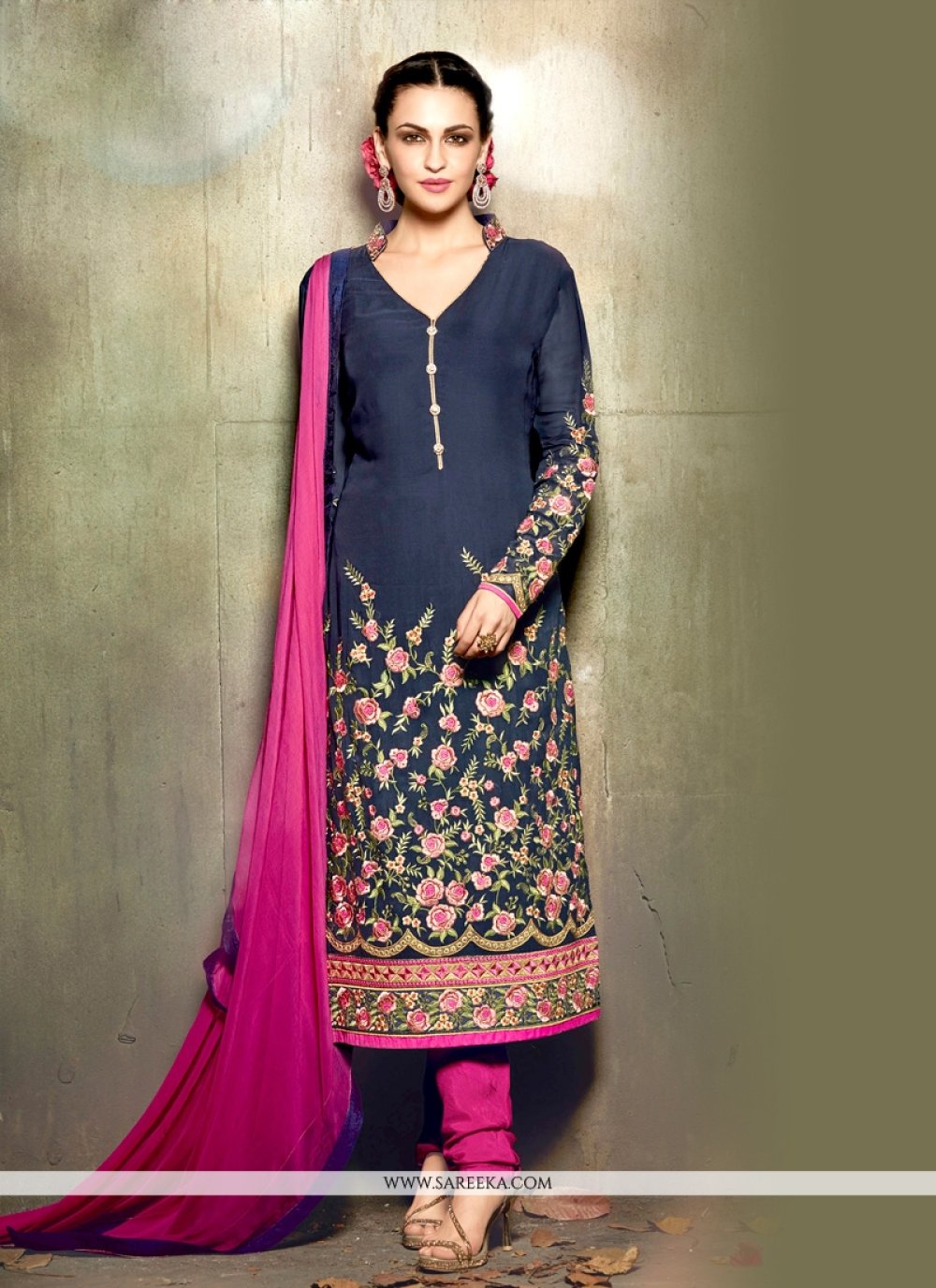 Embroidered Work Georgette Navy Blue Churidar Designer Suit