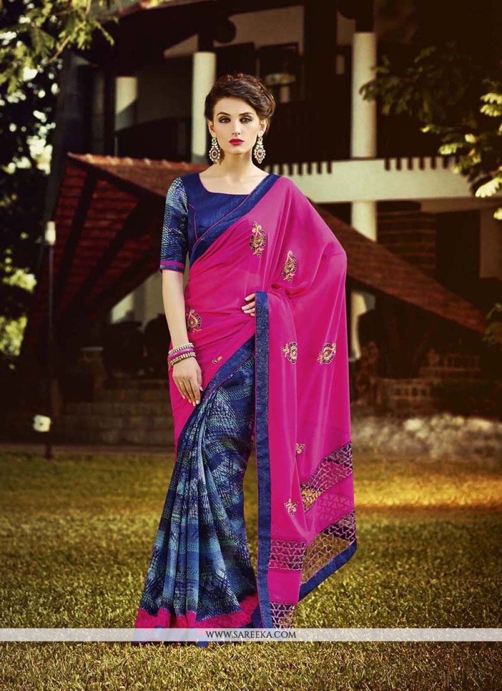 Georgette Hot Pink Embroidered Work Designer Saree