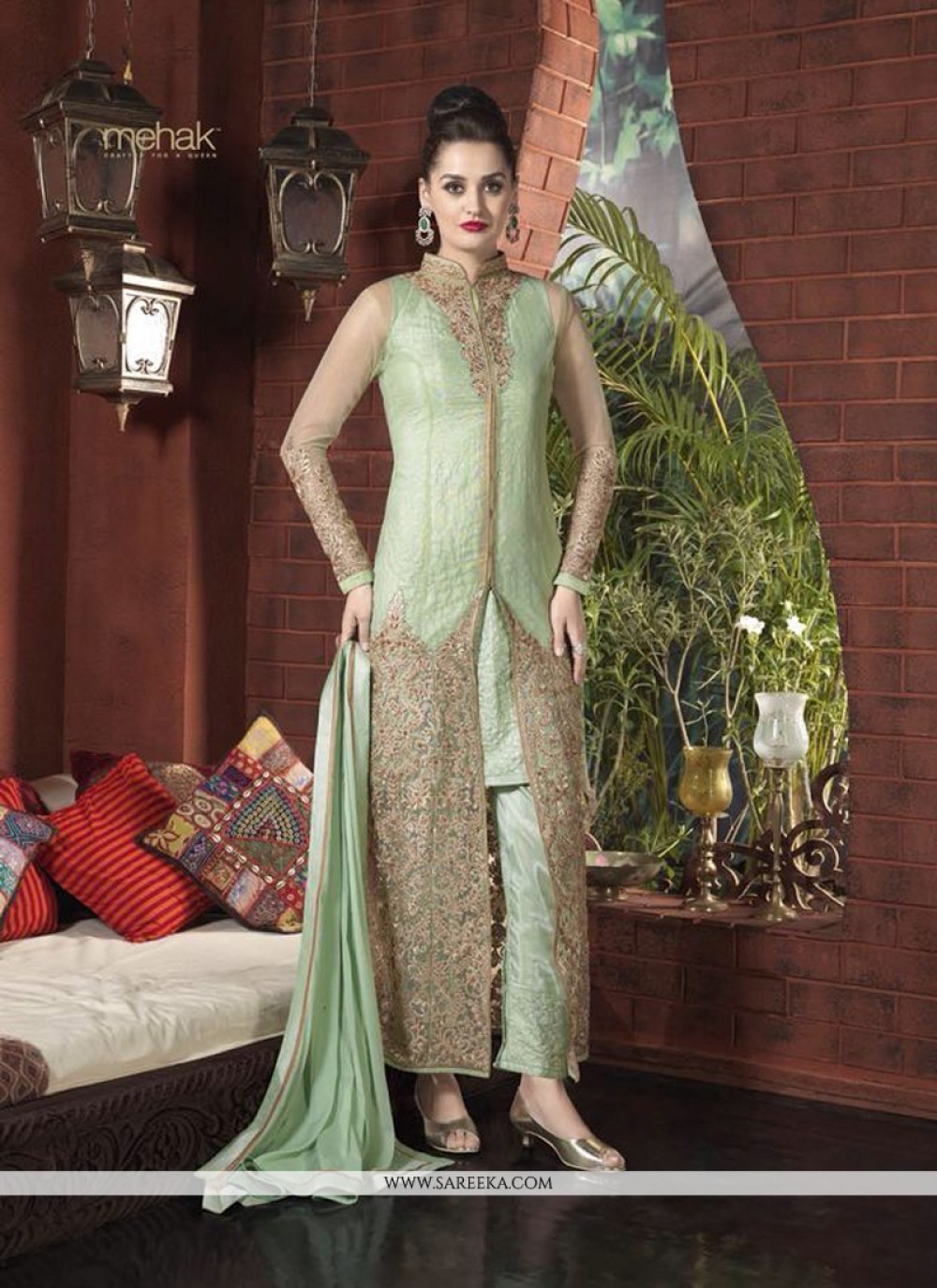 Sea Green Net Designer Suit