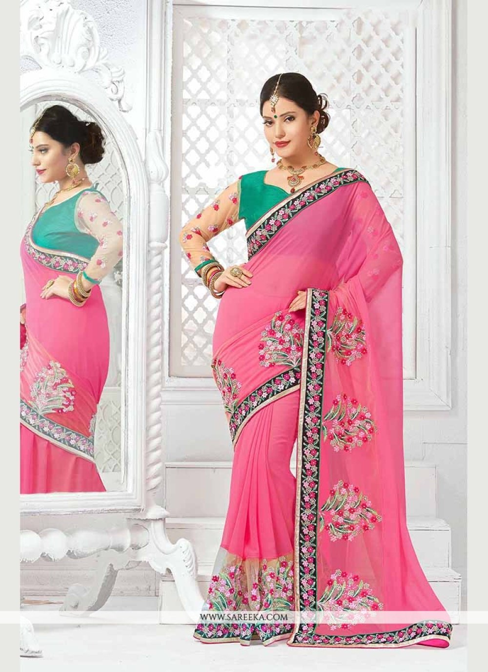 Buy Net Pink Designer Saree Online : France