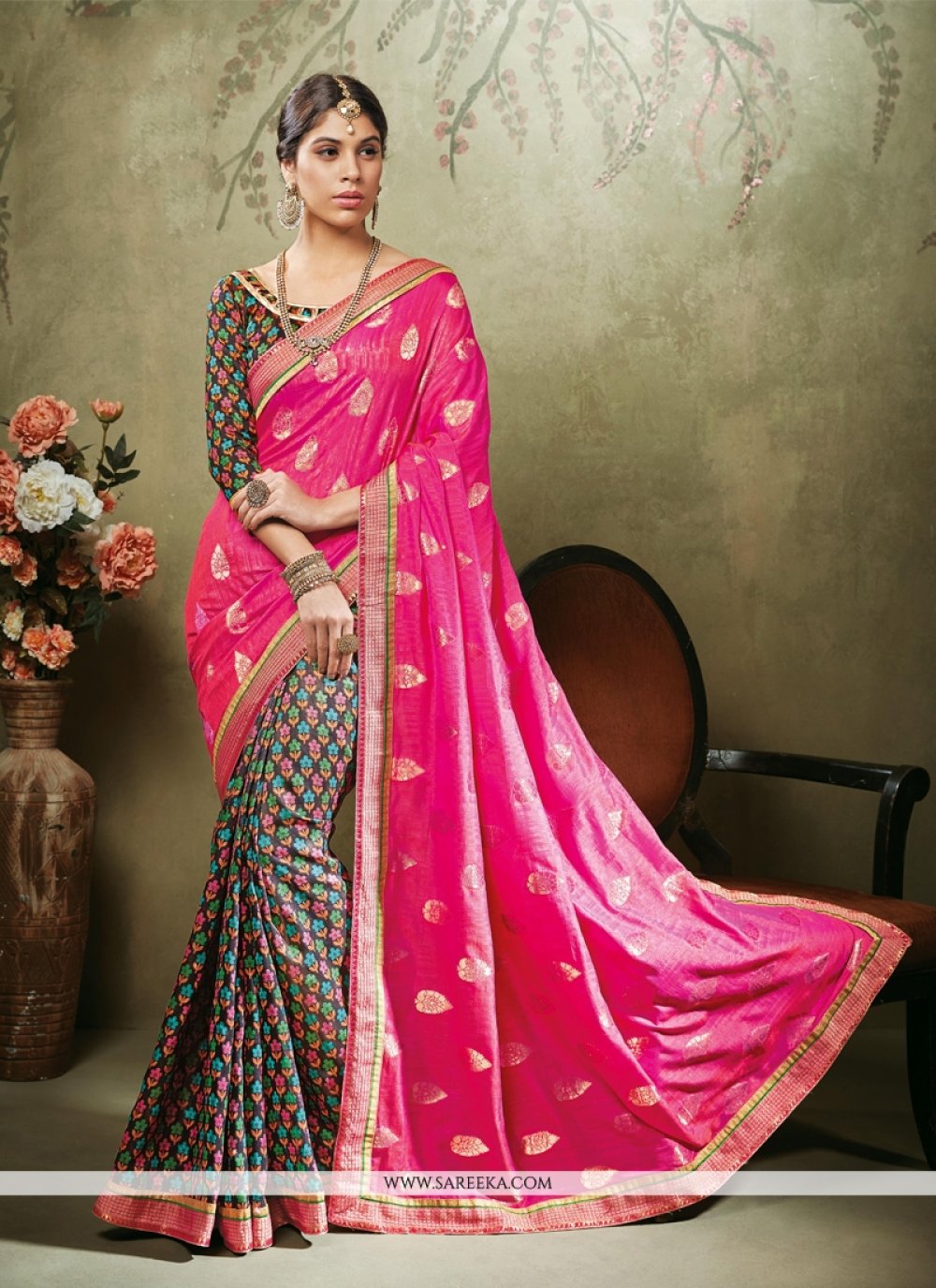 Buy Viscose Hot Pink Print Work Printed Saree Online : Canada
