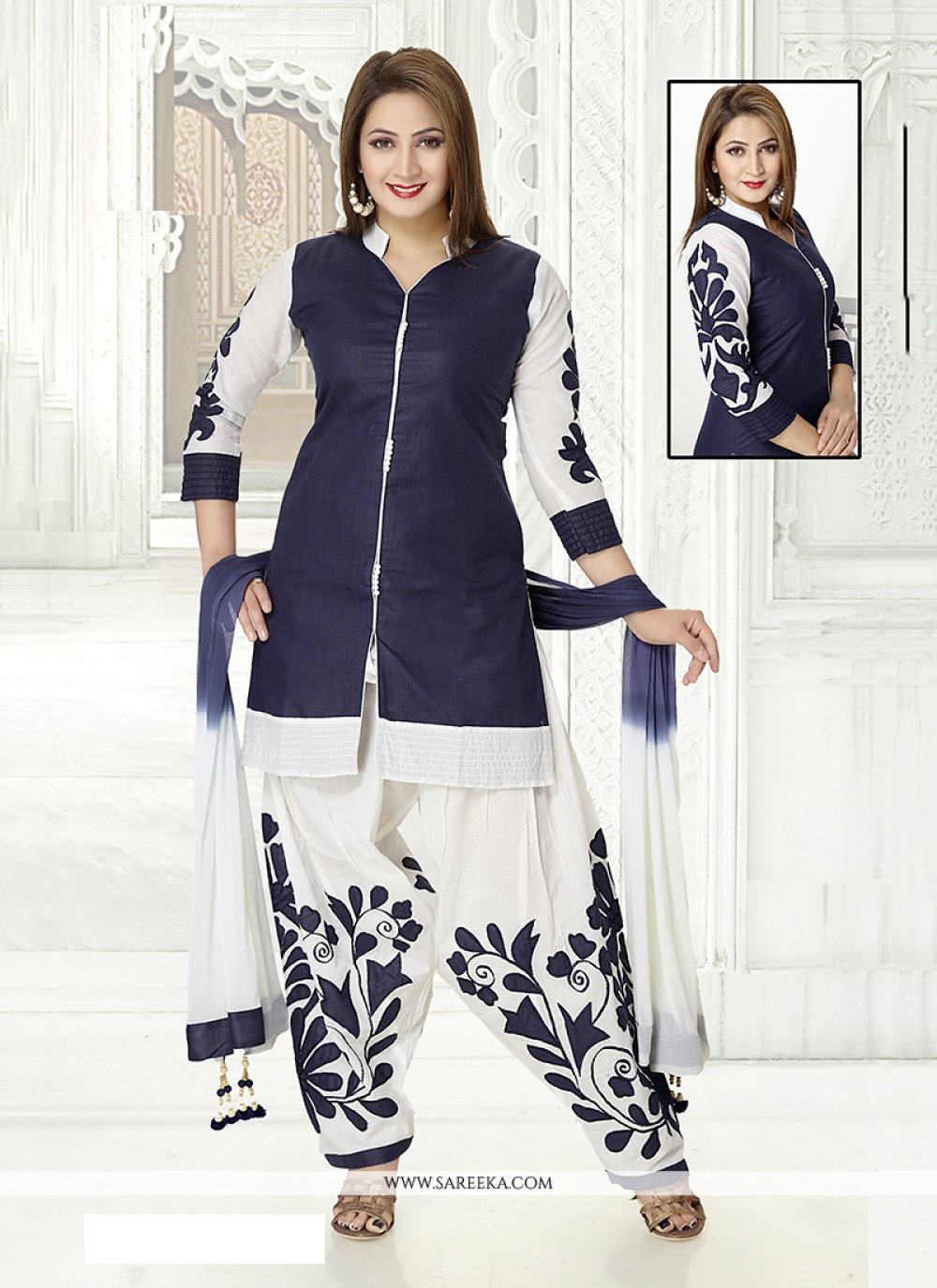 Buy Embroidered Work Cotton Navy Blue Readymade Suit Online : New Zealand