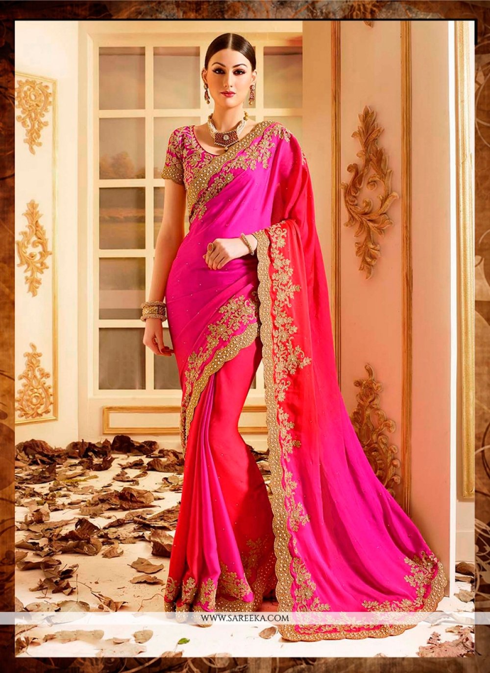 Lurid Fancy Fabric Hot Pink Designer Saree