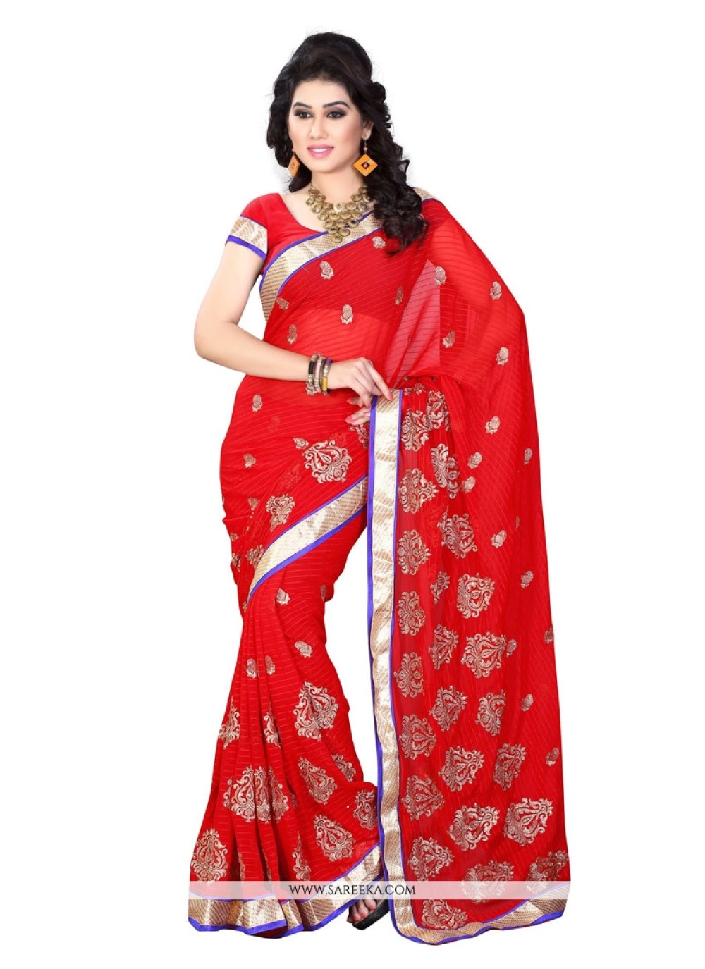 Buy Red Patch Border Work Designer Saree Online : USA, UK