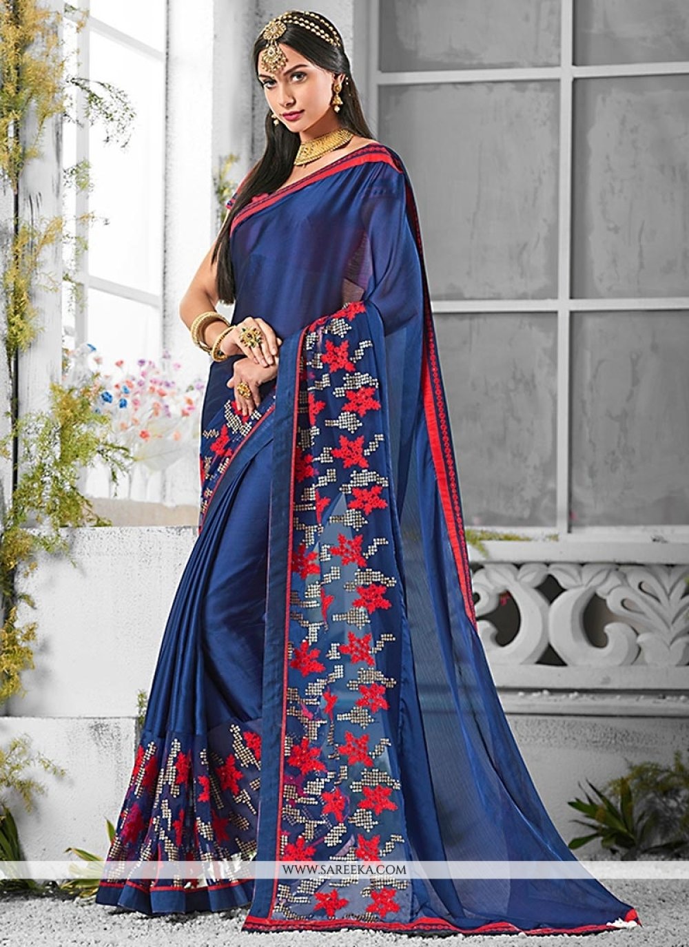 Buy Pure Chiffon Navy Blue Trendy Saree Online : Singapore