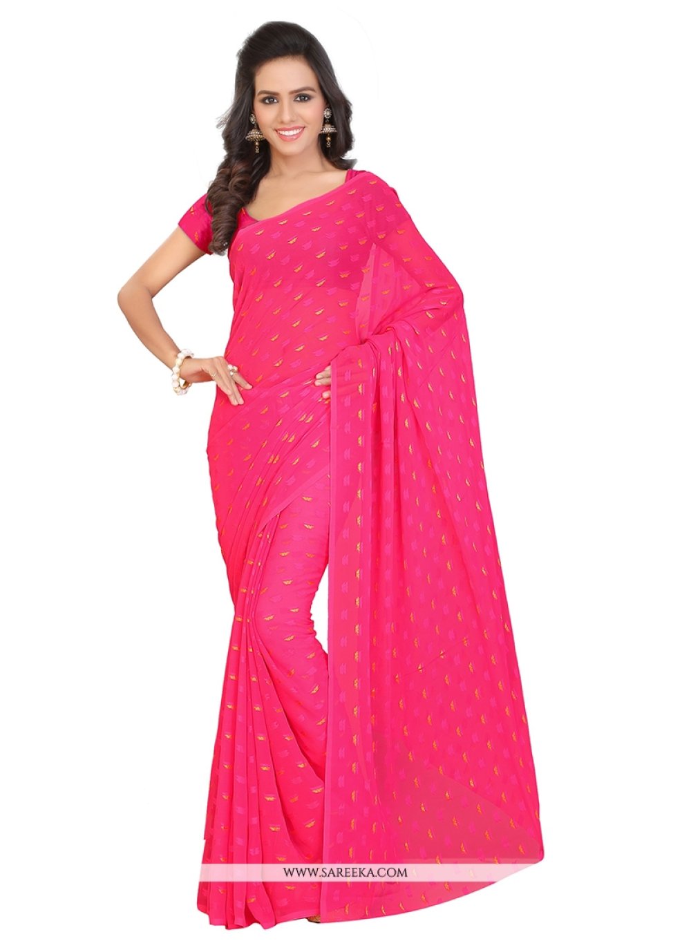 Hot Pink Print Work Casual Saree