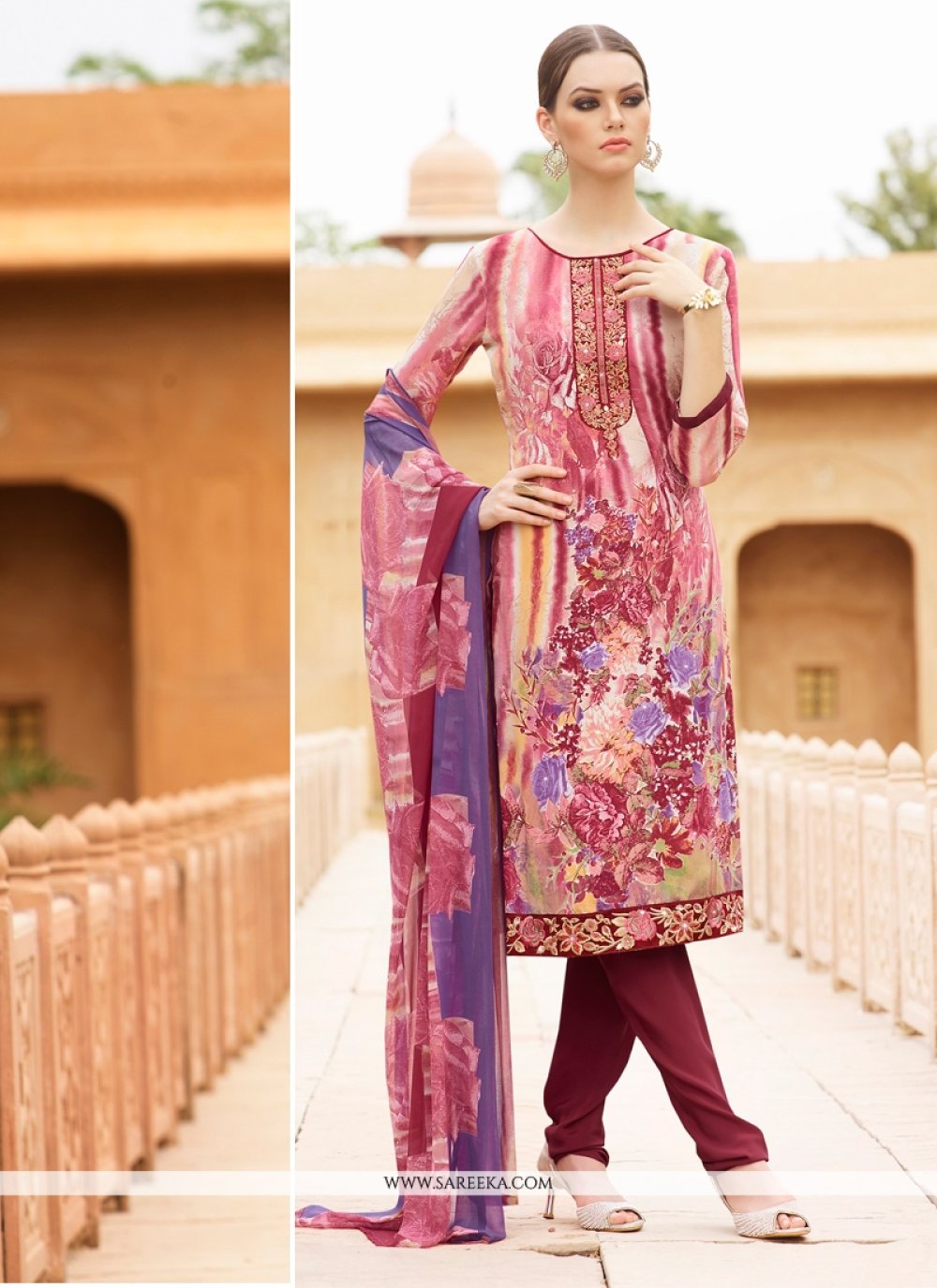 Buy Faux Crepe Multi Colour Embroidered Work Churidar Designer Suit ...