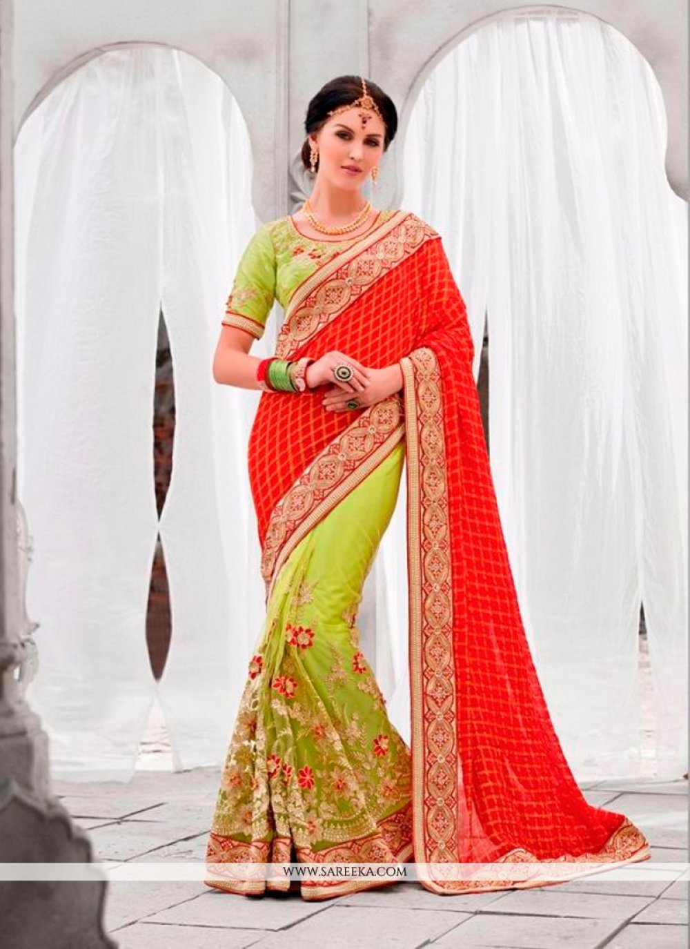 Vehemently Green and Red Classic Designer Saree